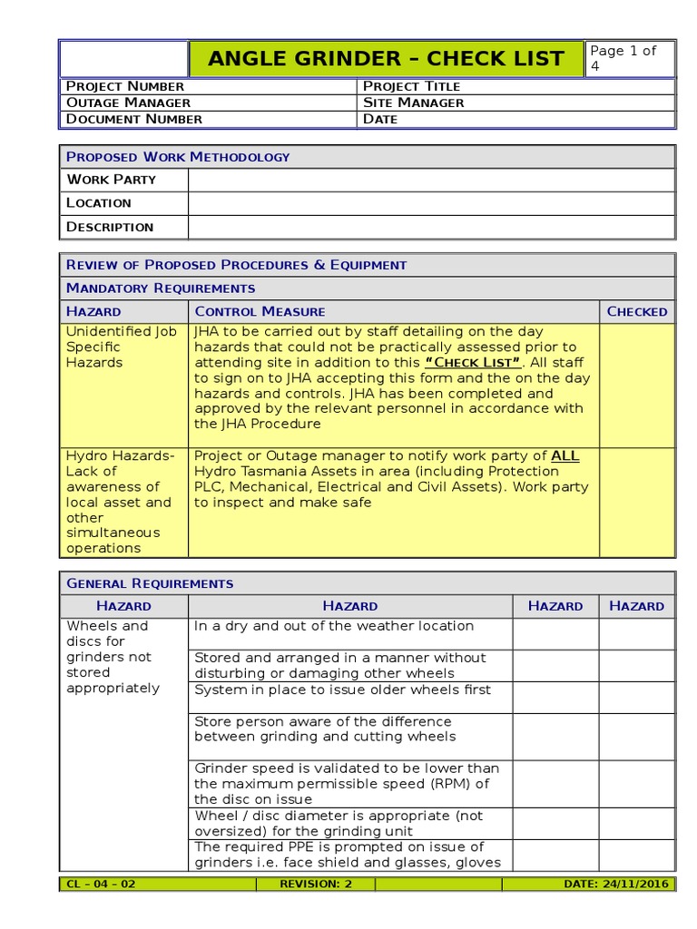 Angle Grinder Checklist | PDF | Personal Protective Equipment ...