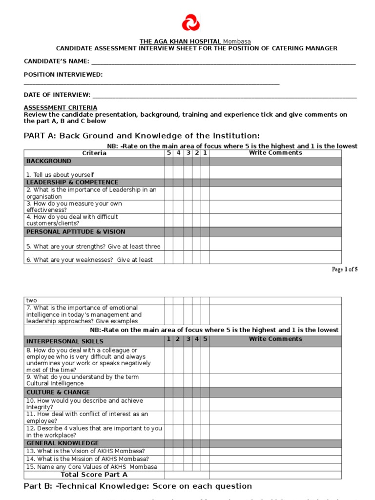 Catering Manager Interview Assessment Form | PDF | Leadership ...