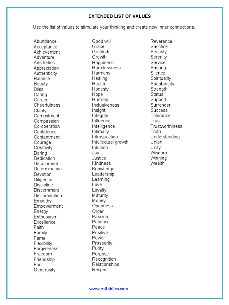 Extended List of Values | Contentment | Happiness & Self-Help