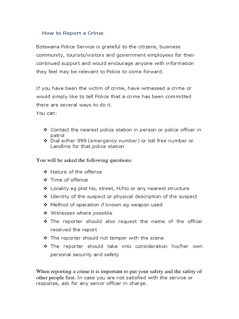 How To Report A Crime: You Will Be Asked The Following Questions | PDF