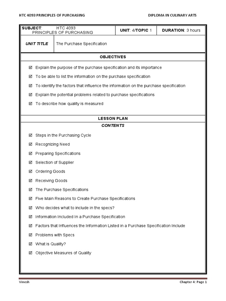 Principles of Purchasing Chapter 4 Notes | Specification (Technical ...
