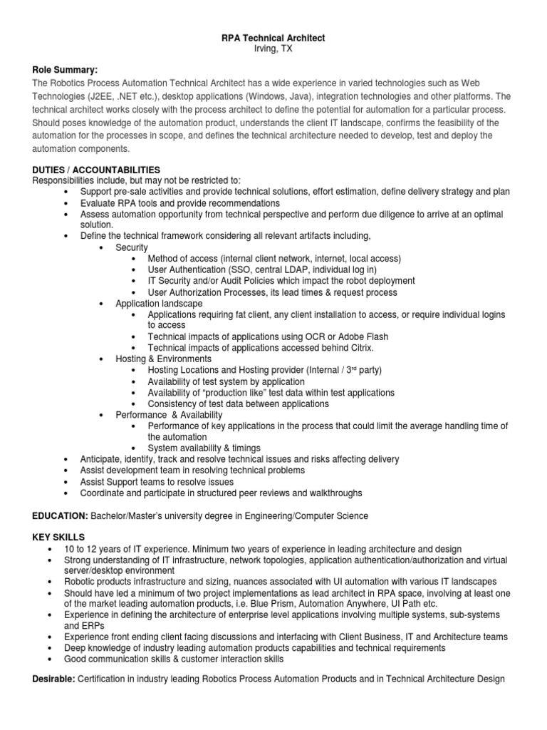 RPA Technical Architect Role Overview | PDF | Automation | Architect