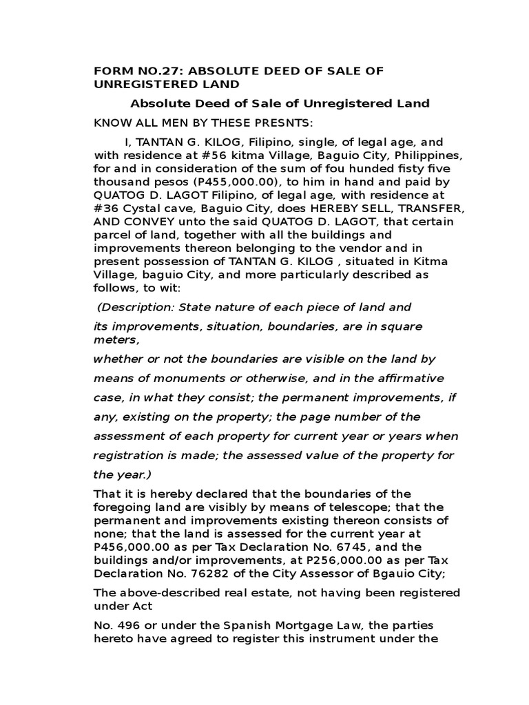 Form No.27: Absolute Deed of Sale of Unregistered Land Absolute Deed of ...
