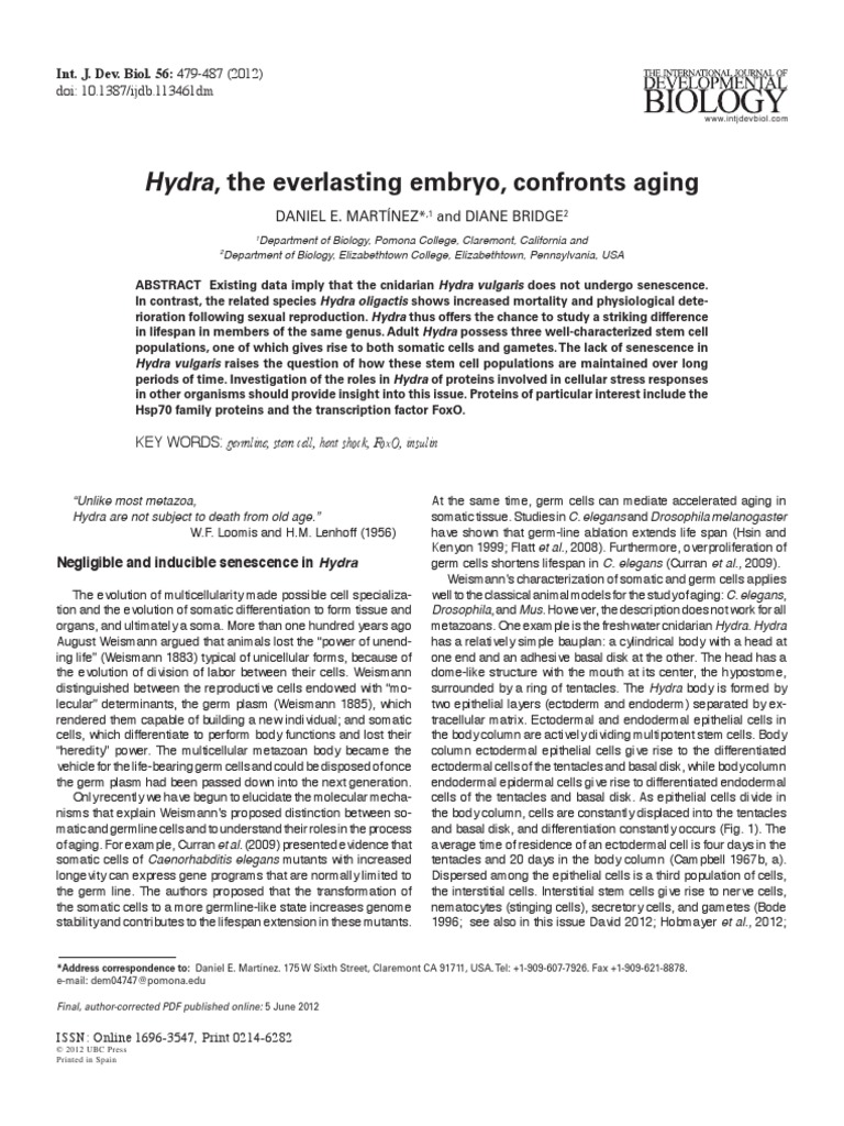 Hydra, The Everlasting Embryo, Confronts Aging: Doi: 10.1387/ijdb ...