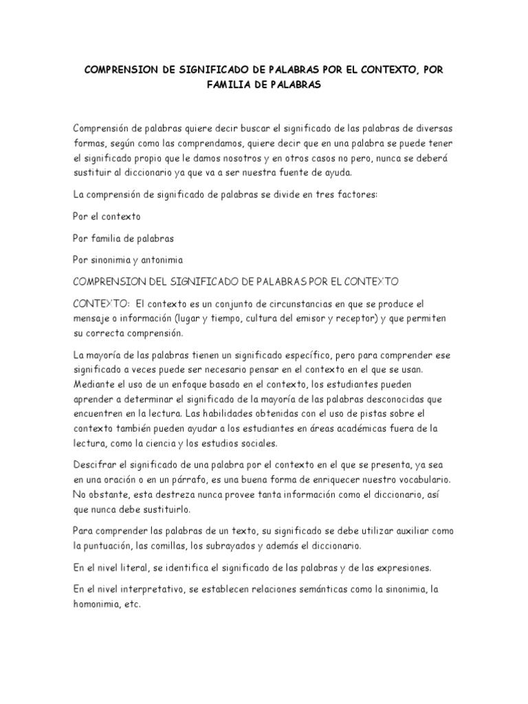 Comprension de Significado de Palabras Por El Contexto | Palabra ...