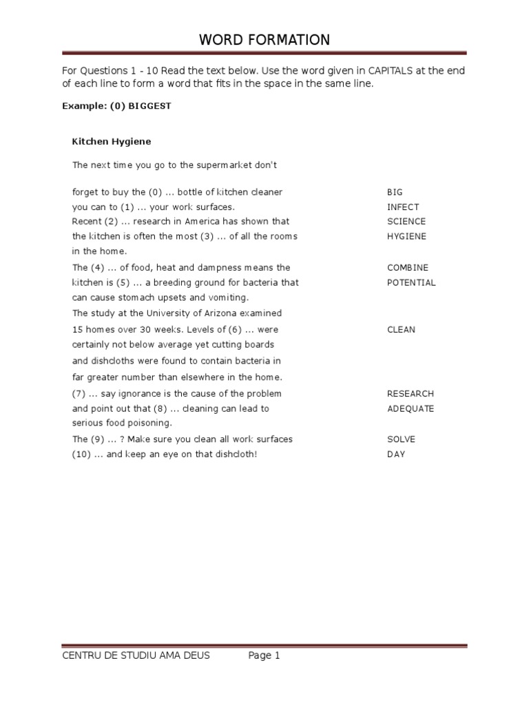 Kitchen Hygiene Word Formation Exercise | PDF