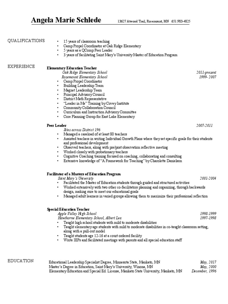 angie schlede resume 2017 | Teachers | Special Education