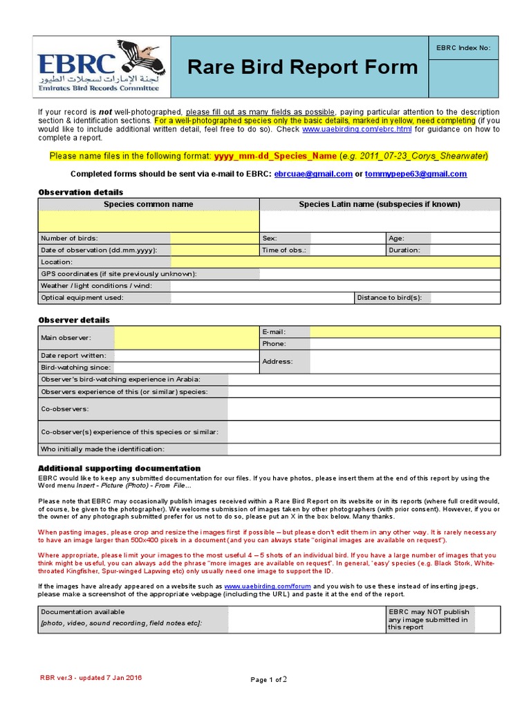 Rare Bird Report Form: Please Name Files in The Following Format: (E.g ...