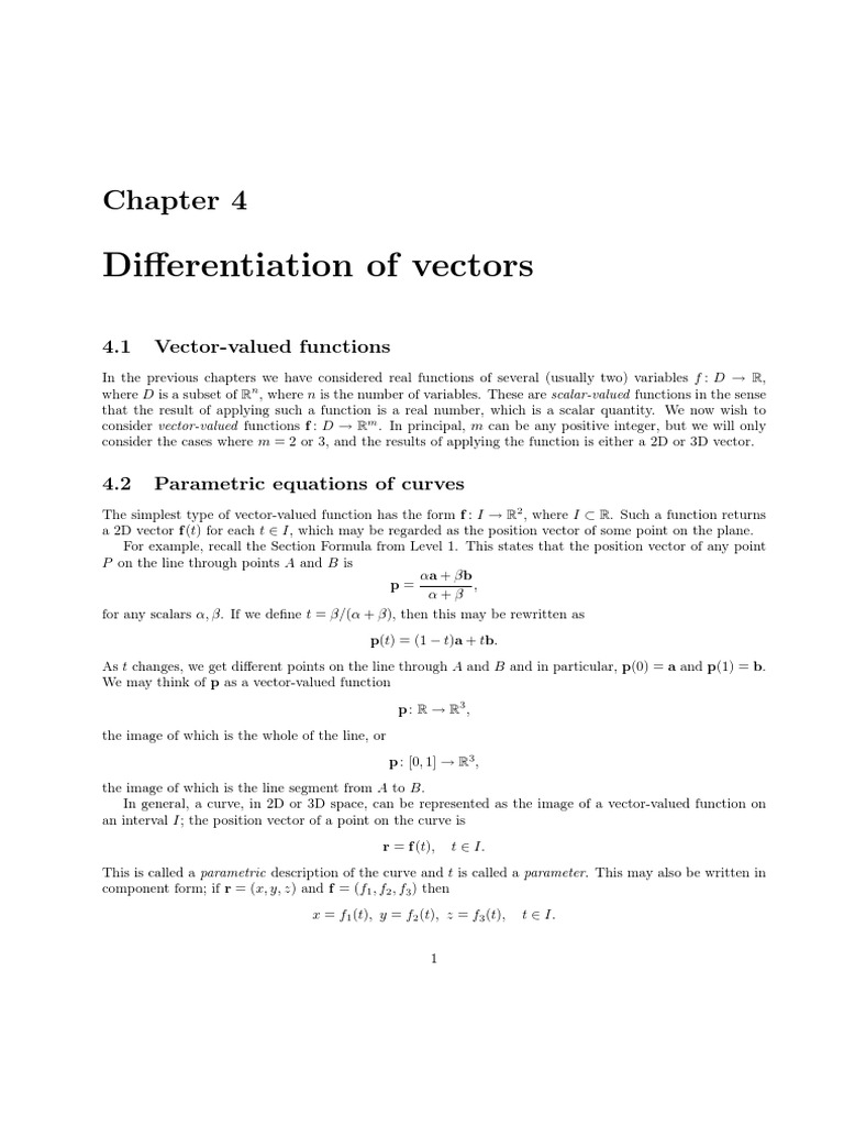 Differentiation of Vectors: 4.1 Vector-Valued Functions | PDF
