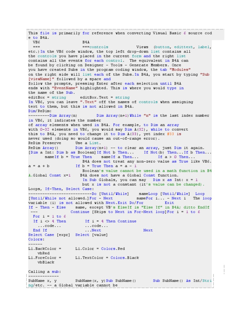 VB6 Vs B4A Cheatsheet | Download Free PDF | Computer Programming | Formalism (Deductive)