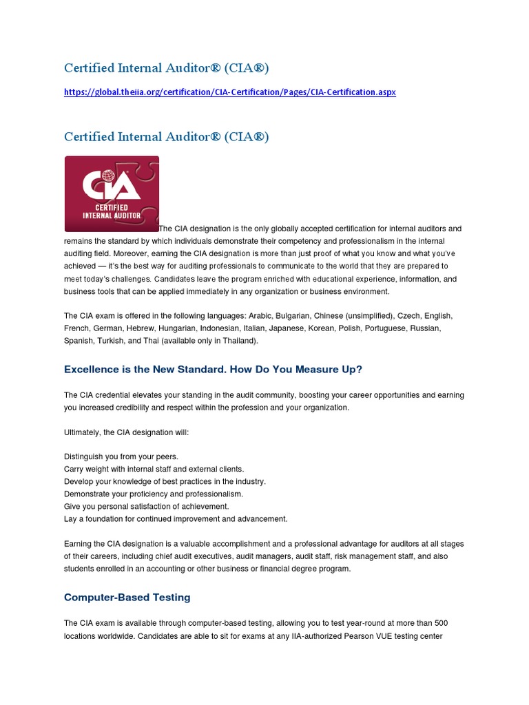 Certified Internal Auditor® (CIA®) : Excellence Is The New Standard ...