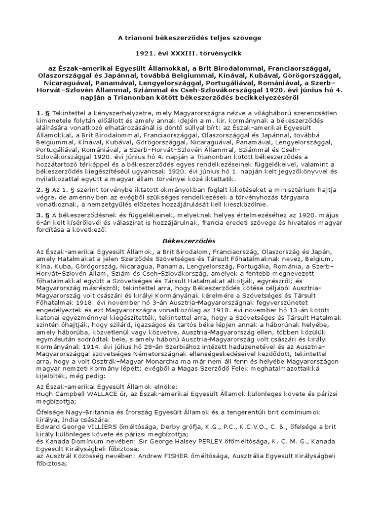 A Trianoni Békeszerződés Teljes Szövege | PDF