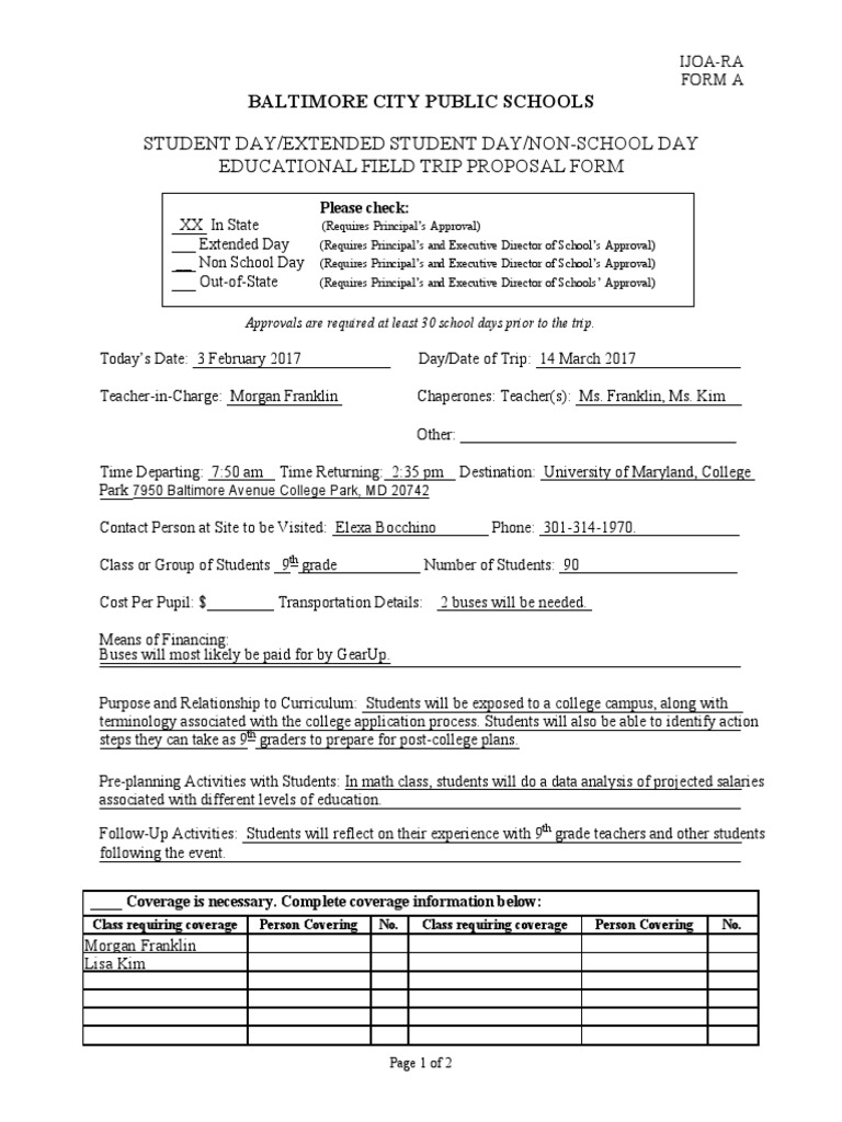 field trip approval form | Students | Teachers