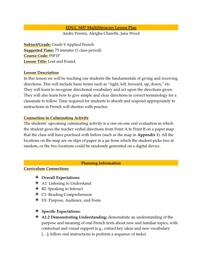 Multiliteracies French Direction Lesson Plan | PDF | Educational ...