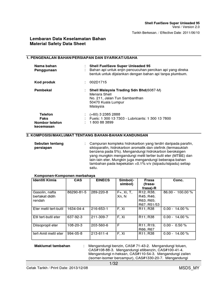 MSDS Petrol Ron95-Shell | PDF