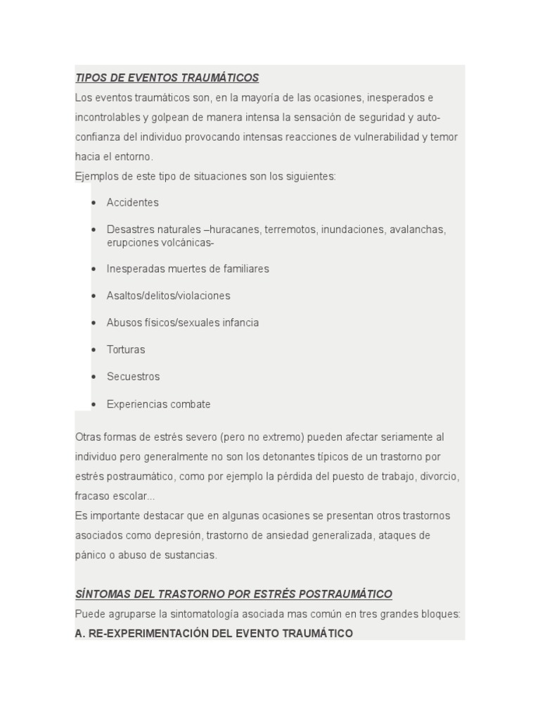 Tipos de Eventos Traumáticos | PDF | Trauma psicólogico | Trastorno de ...