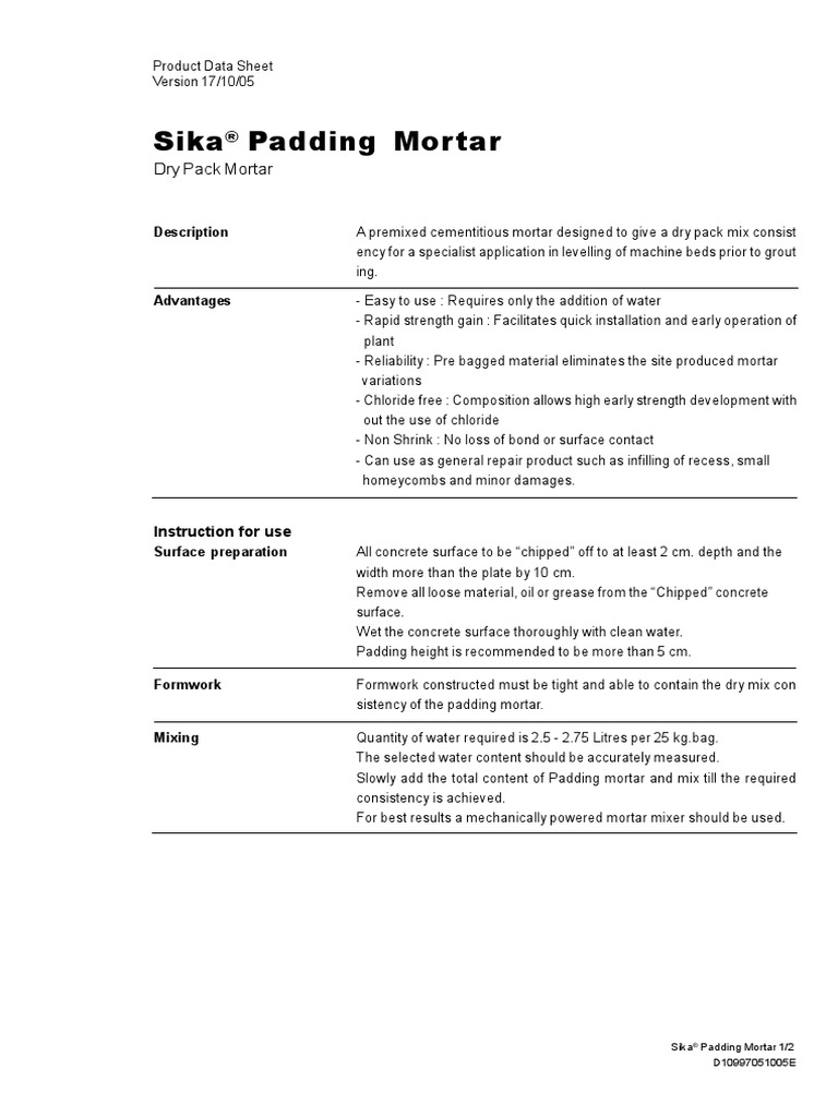 Sika® Padding Mortar Product Data Sheet | PDF | Mortar (Masonry) | Concrete
