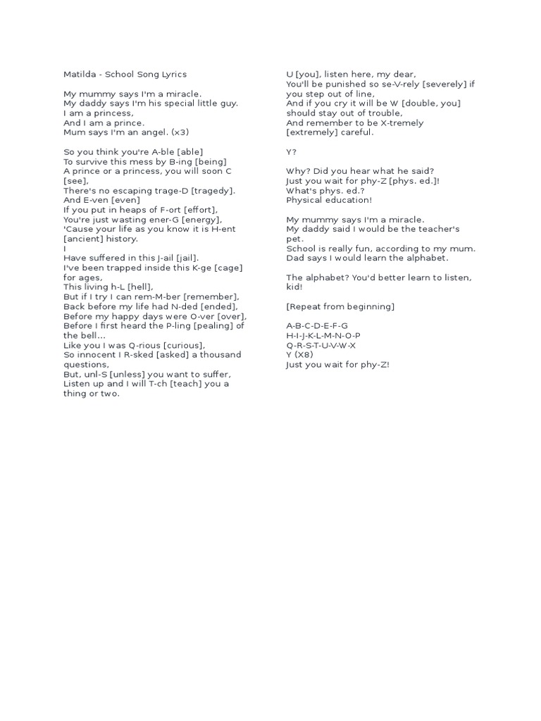 Matilda School Song Lyrics | PDF