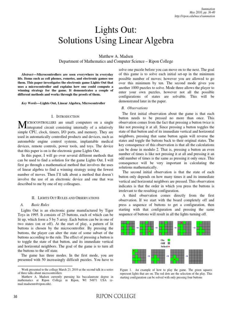 Lights Out | PDF | Matrix (Mathematics) | Algebra