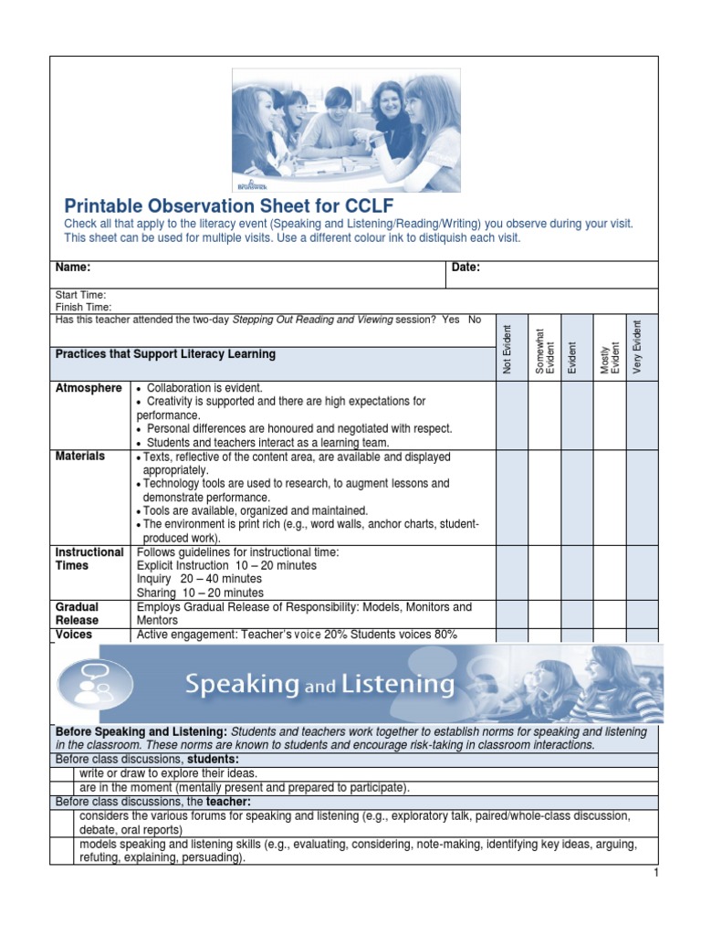 Printable Observation Sheet For CCLF: Name: Date | PDF | Reading Comprehension | Reading (Process)