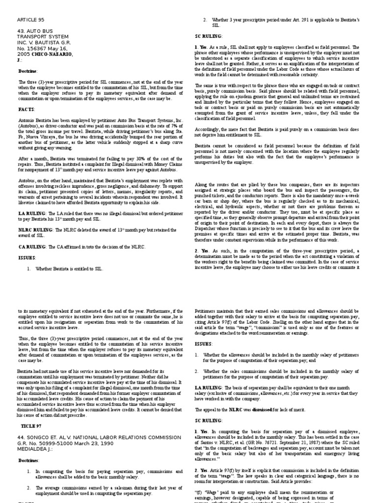 Article 95 - 141 Case Digests | PDF | Employment | Wage