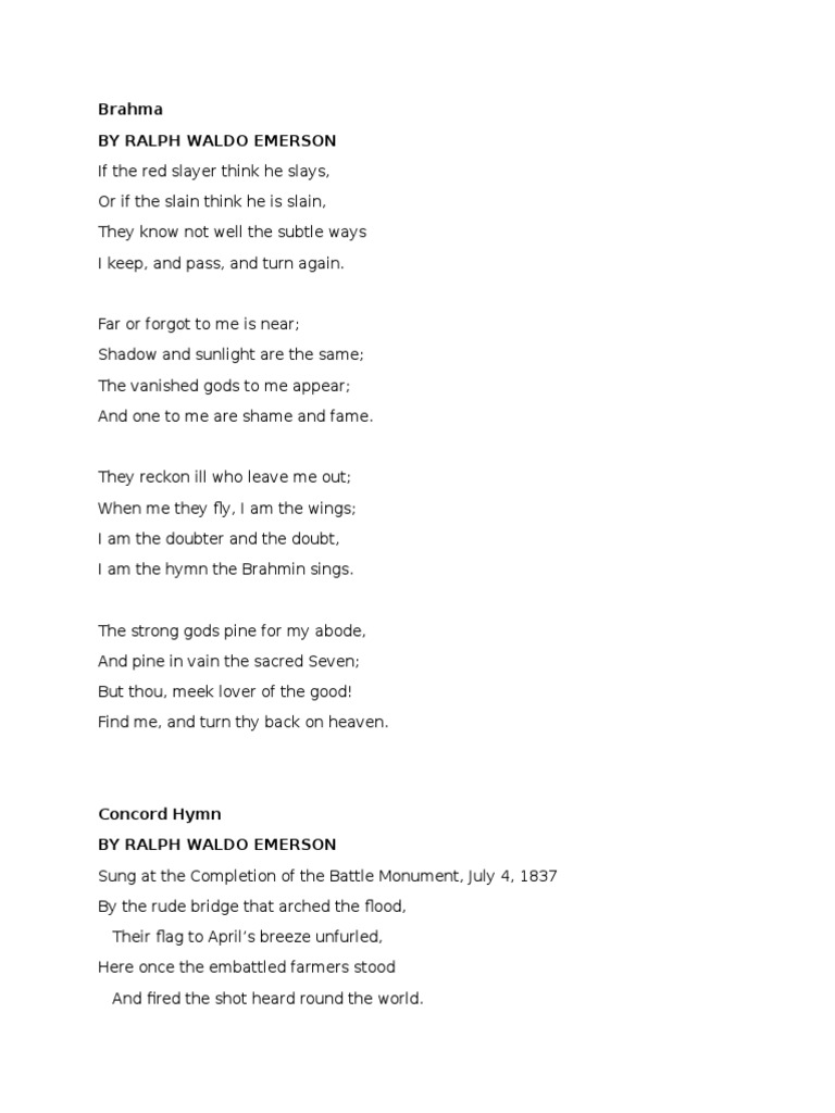 Ralph Waldo Emerson Brahma and Concord Hymn | PDF