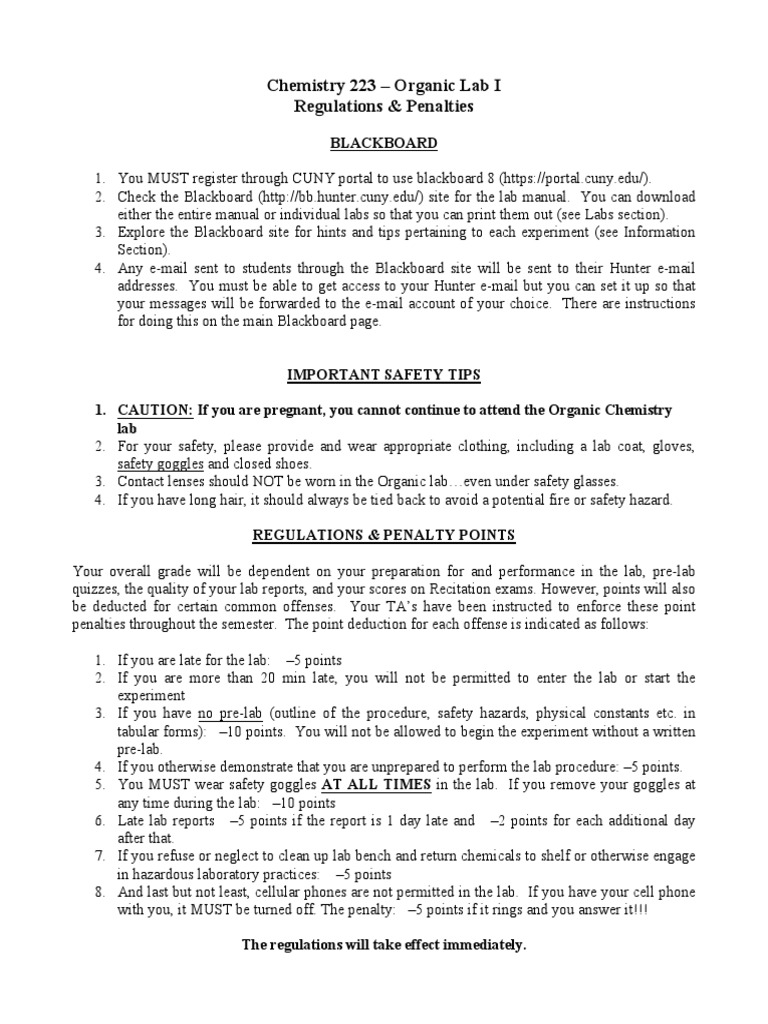 Chemistry 223 - Organic Lab I Regulations & Penalties: Blackboard | PDF ...
