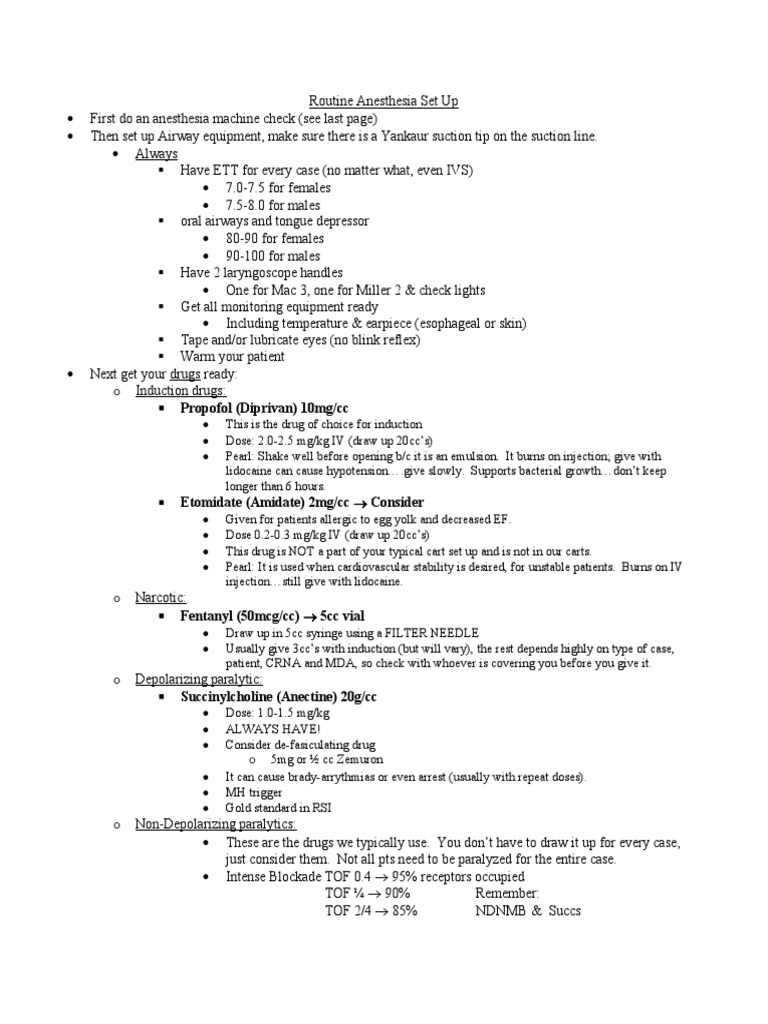 Routine Anesthesia Set Up | PDF | Clinical Medicine | Drugs