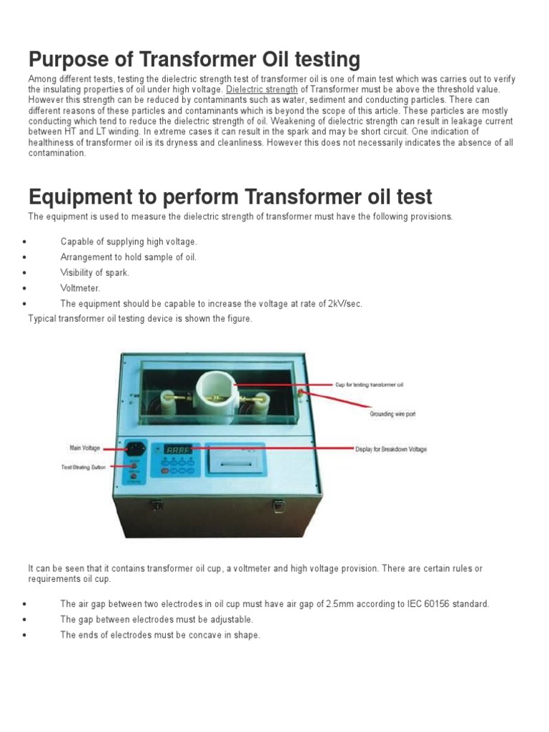 Tranformer Oil Testing Procedure | PDF | Transformer | High Voltage