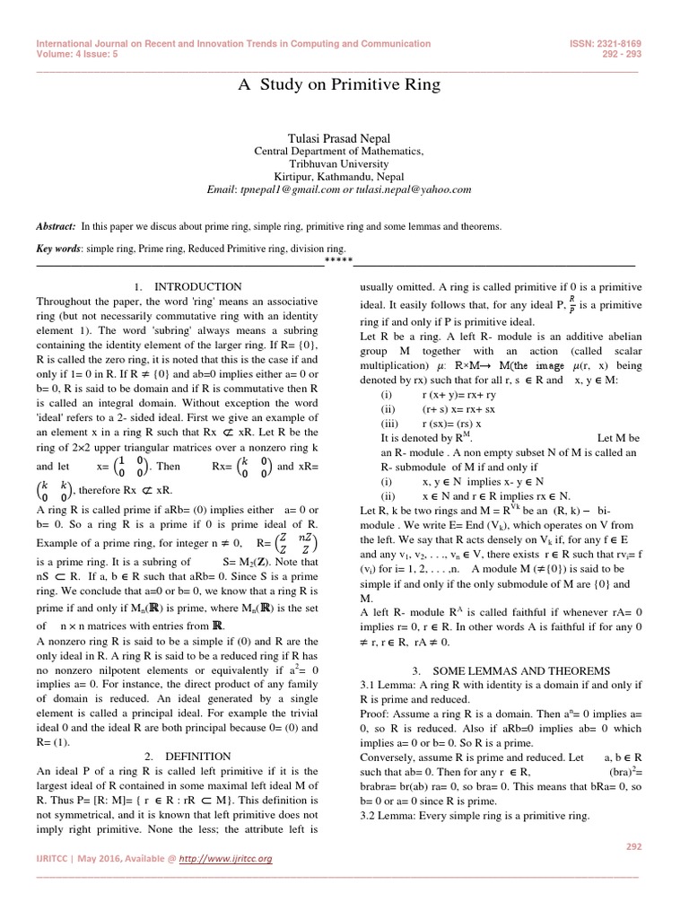 A Study On Primitive Ring | PDF | Ring (Mathematics) | Module (Mathematics)
