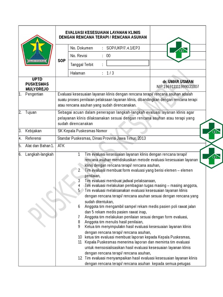 7.4.1 SOP Evaluasi Kesesuaian Layanan Klinis Dengan Rencana Terapi (Audit Klinis) | PDF ...