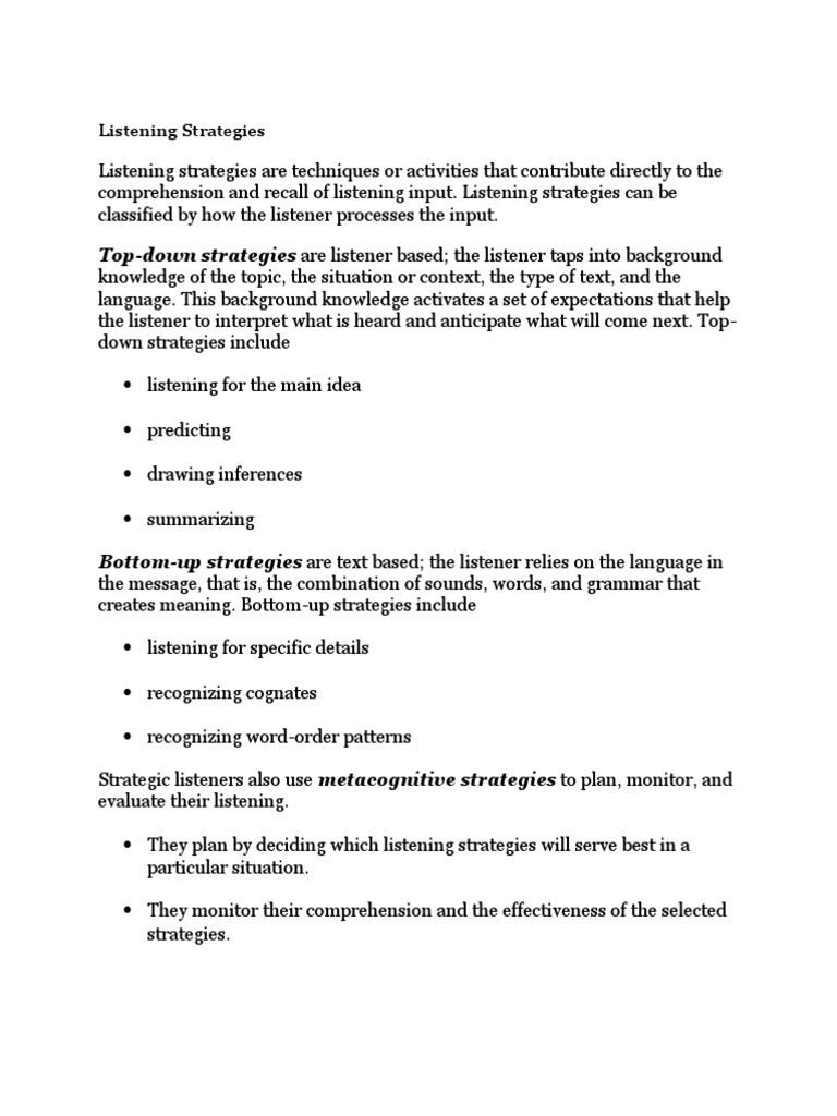 Listening Strategies | PDF | Top Down And Bottom Up Design | Reading ...