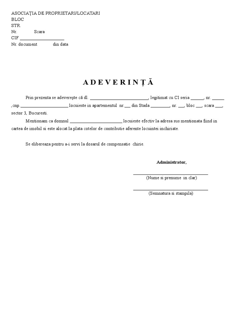 Adeverinta Asociatia de Proprietari-Locatari - 1 | PDF