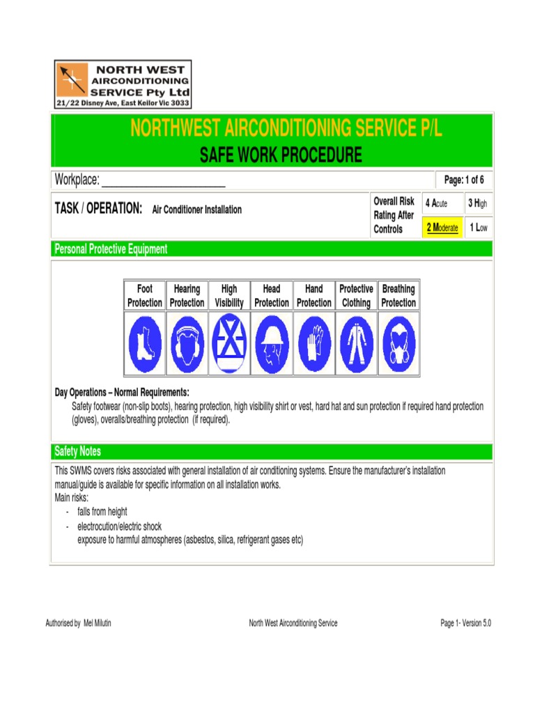 Safe Work Method Procedure AC Installation | PDF | Personal Protective ...
