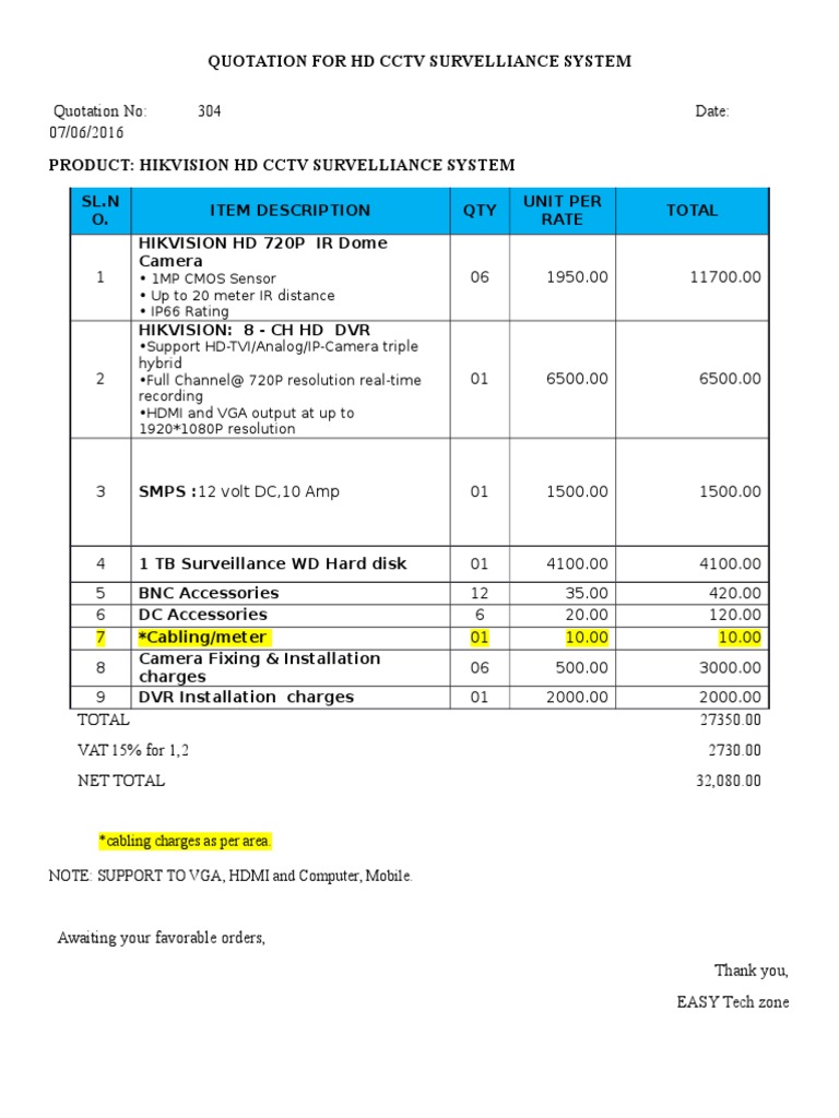 Quotation No: 304 Date: 07/06/2016: Quotation For HD CCTV Survelliance ...