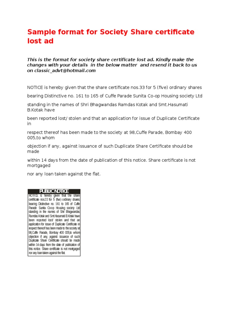 Format For Society Share Certificate Lost Ad | PDF | Business