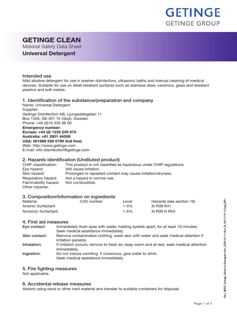 MSDS Universal Detergent Getinge Clean | PDF | Personal Protective Equipment | Chemistry