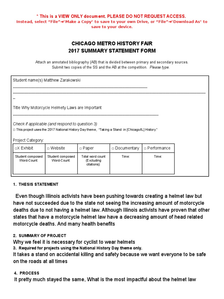 Chicago Metro History Fair 2017 Summary Statement Form: This Is A View ...