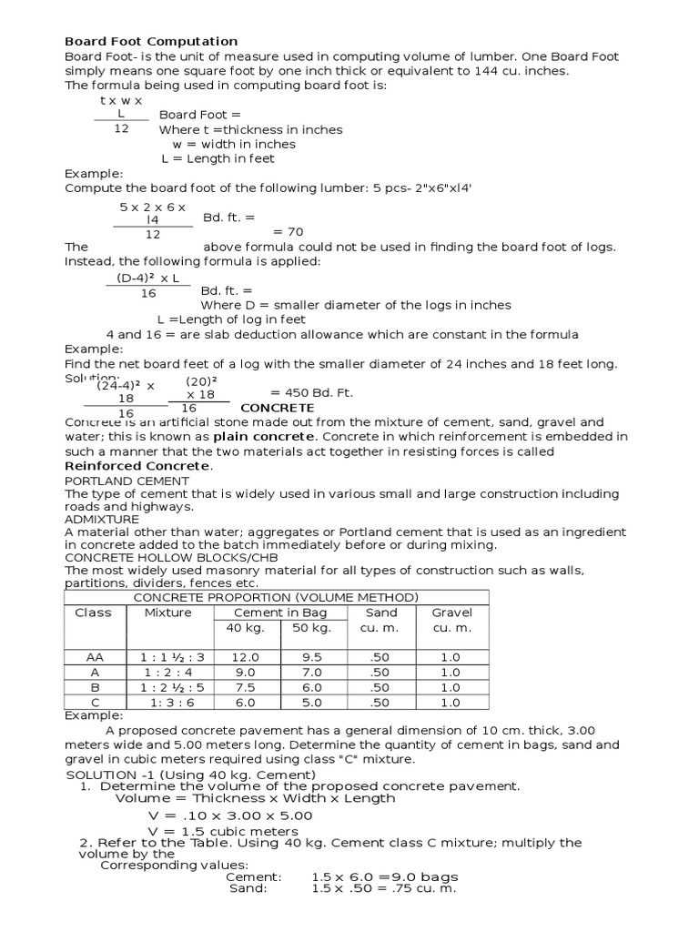 Board Foot Computation | PDF | Concrete | Kilogram