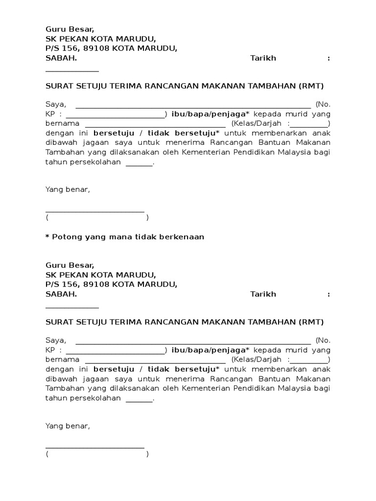 Surat Setuju Terima RMT | PDF