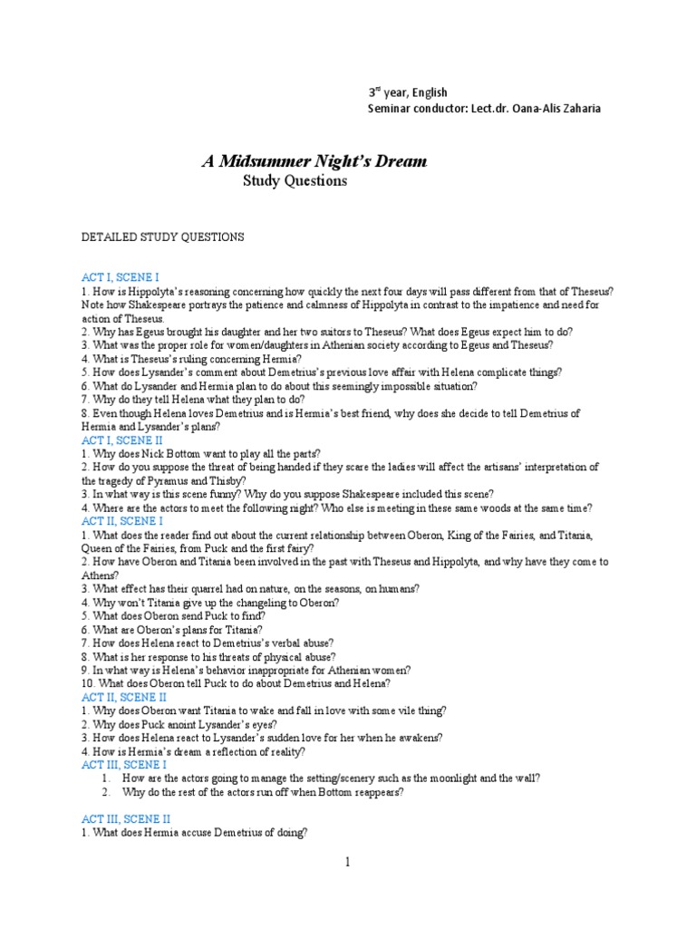 MND Study Questions - Seminar 9.11. 2016 | PDF | A Midsummer Night's Dream