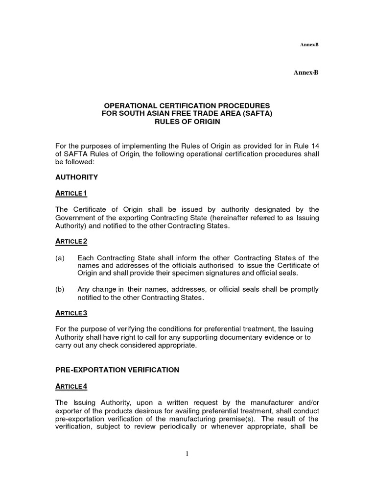 Operational Certification Procedures For SAFTA Rules of Origin | PDF ...