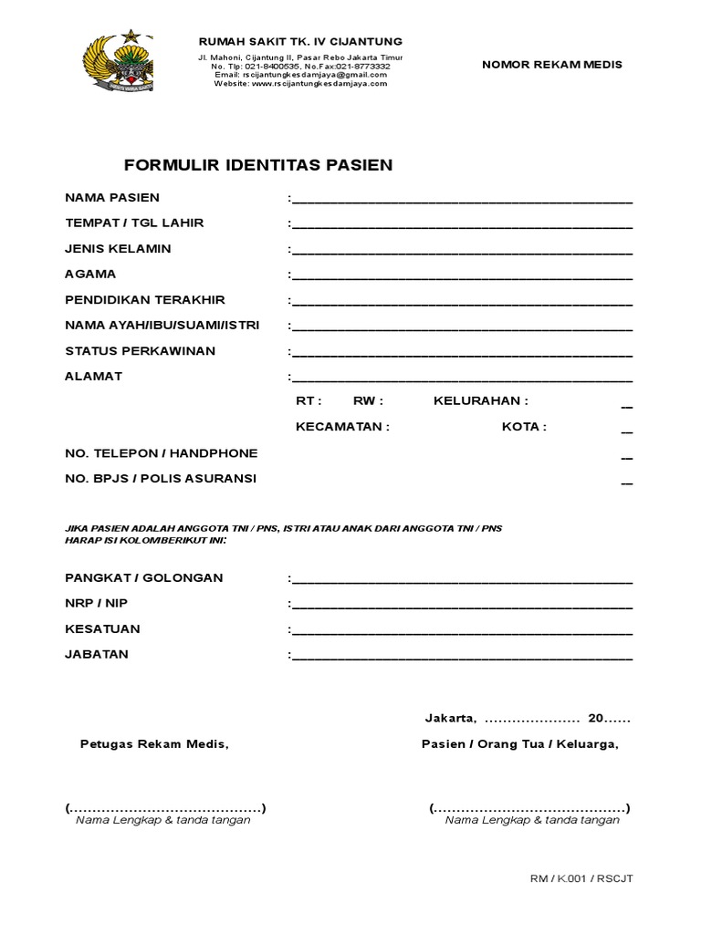 Formulir Identitas Pasien Rumah Sakit | PDF | Karier & Perkembangan ...