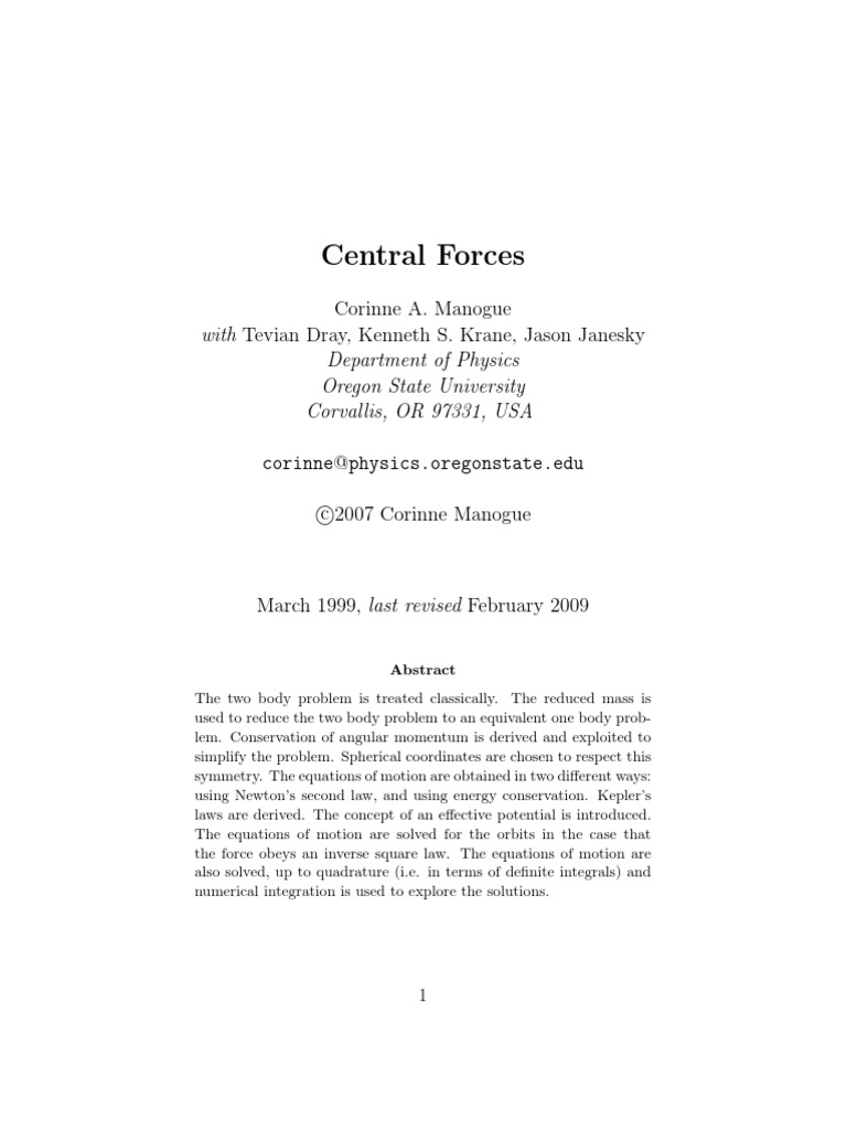 Physics Central Force PDF | PDF | Momentum | Force