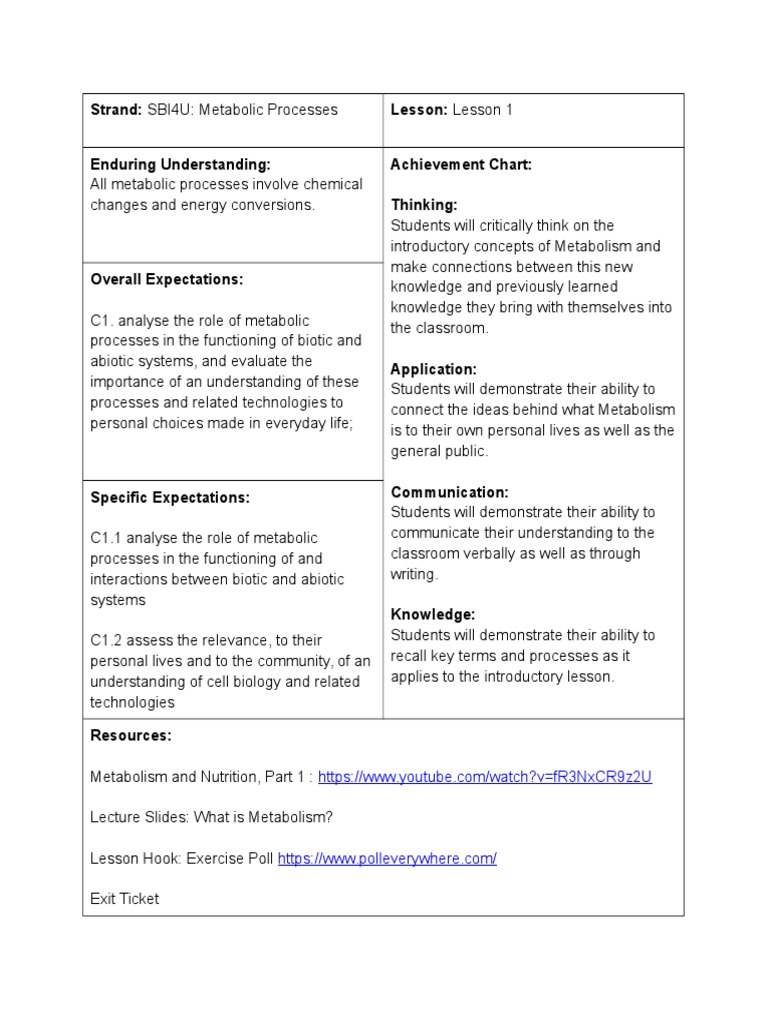Lesson 1 Metabolism | PDF | Lecture | Educational Assessment