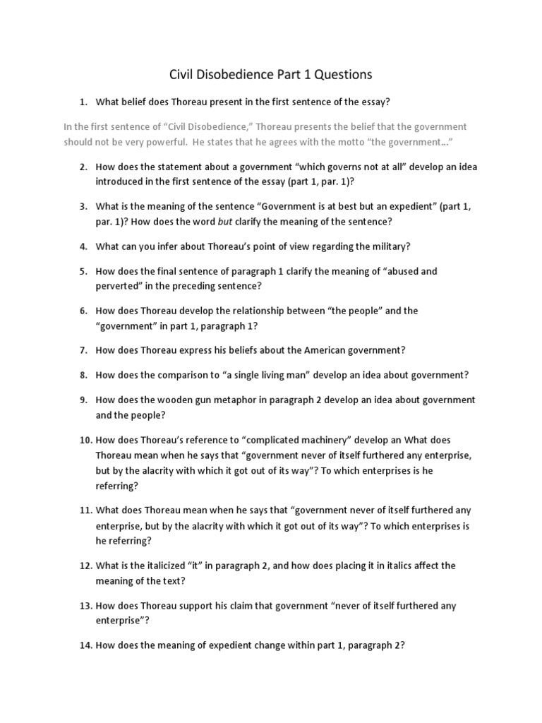 Civil Disobedience Part 1 Questions Honors | PDF | Civil Disobedience ...