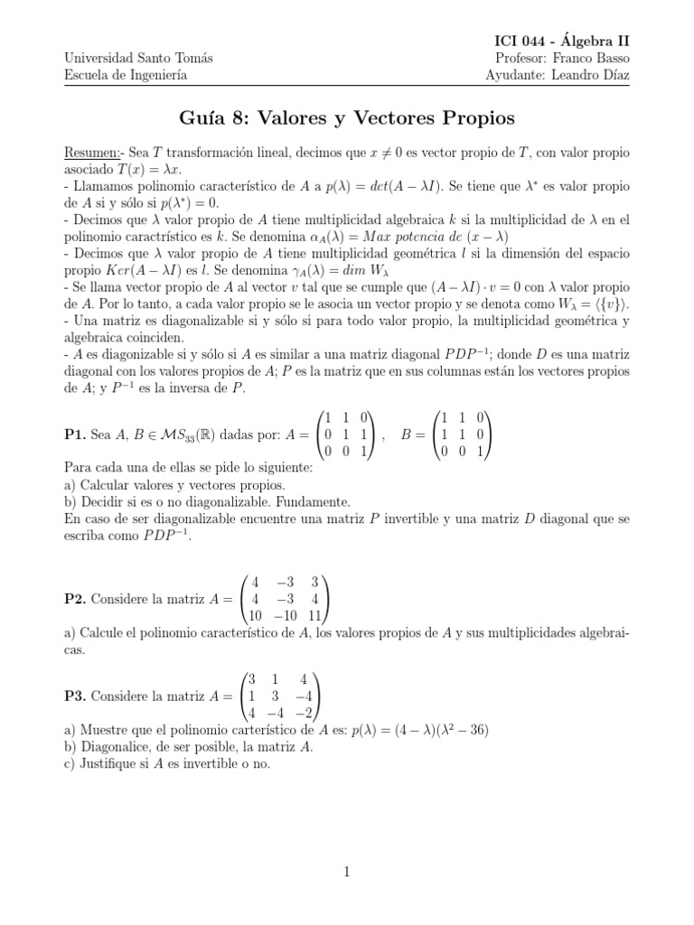 Guia 8 Valores y Vectores Propios | PDF | Valores propios y vectores propios | Matriz (Matemáticas)