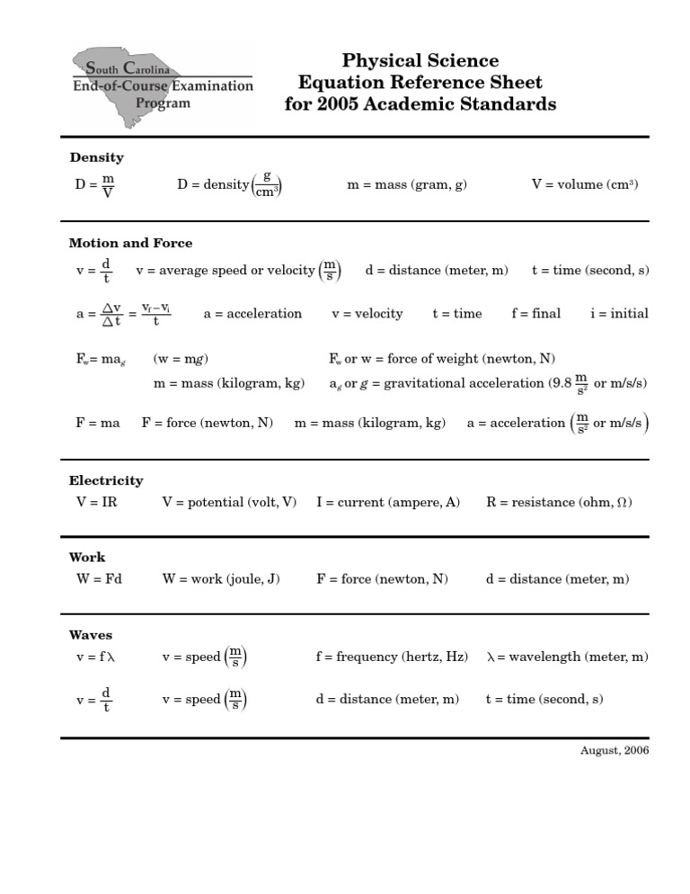 Physical Science Reference Sheet | PDF