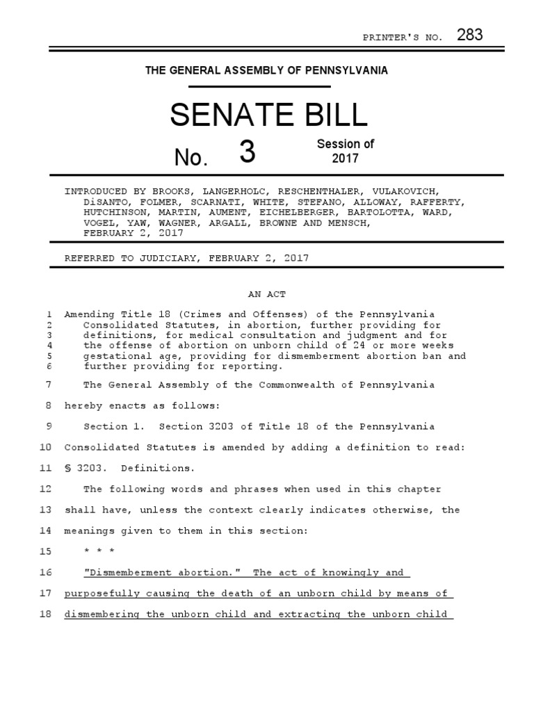 Senate Bill 3: The General Assembly of Pennsylvania | PDF | Abortion ...