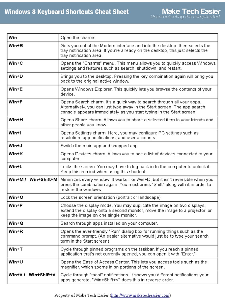 Windows 8 Keyboard Shortcuts Cheat Sheet PDF | PDF | Ibm Pc Compatibles ...